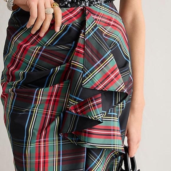 J. Crew | Skirts | J Crew Long Ruffle Skirt In Deep Red Black Stewart ...